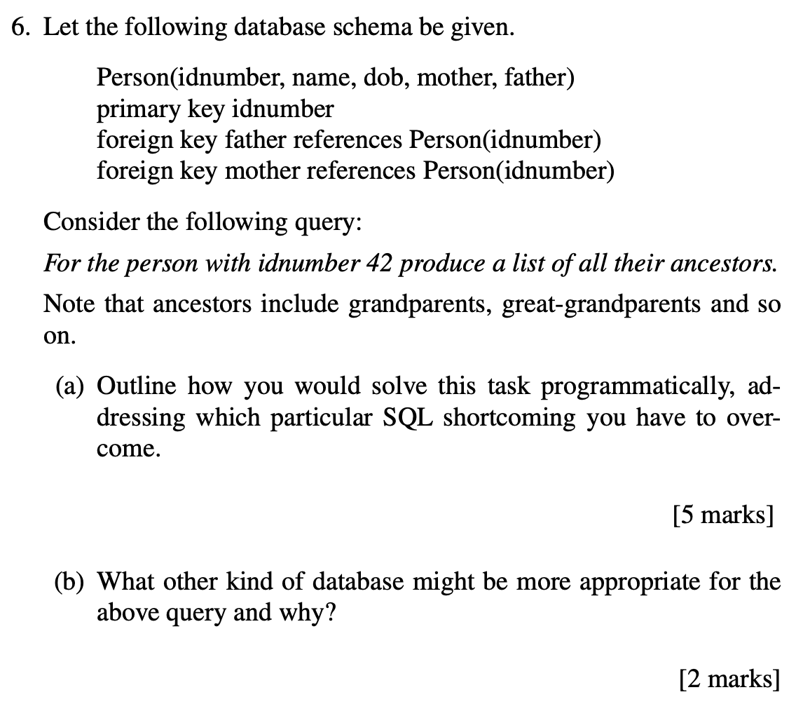 Solved 6. Let the following database schema be given. | Chegg.com