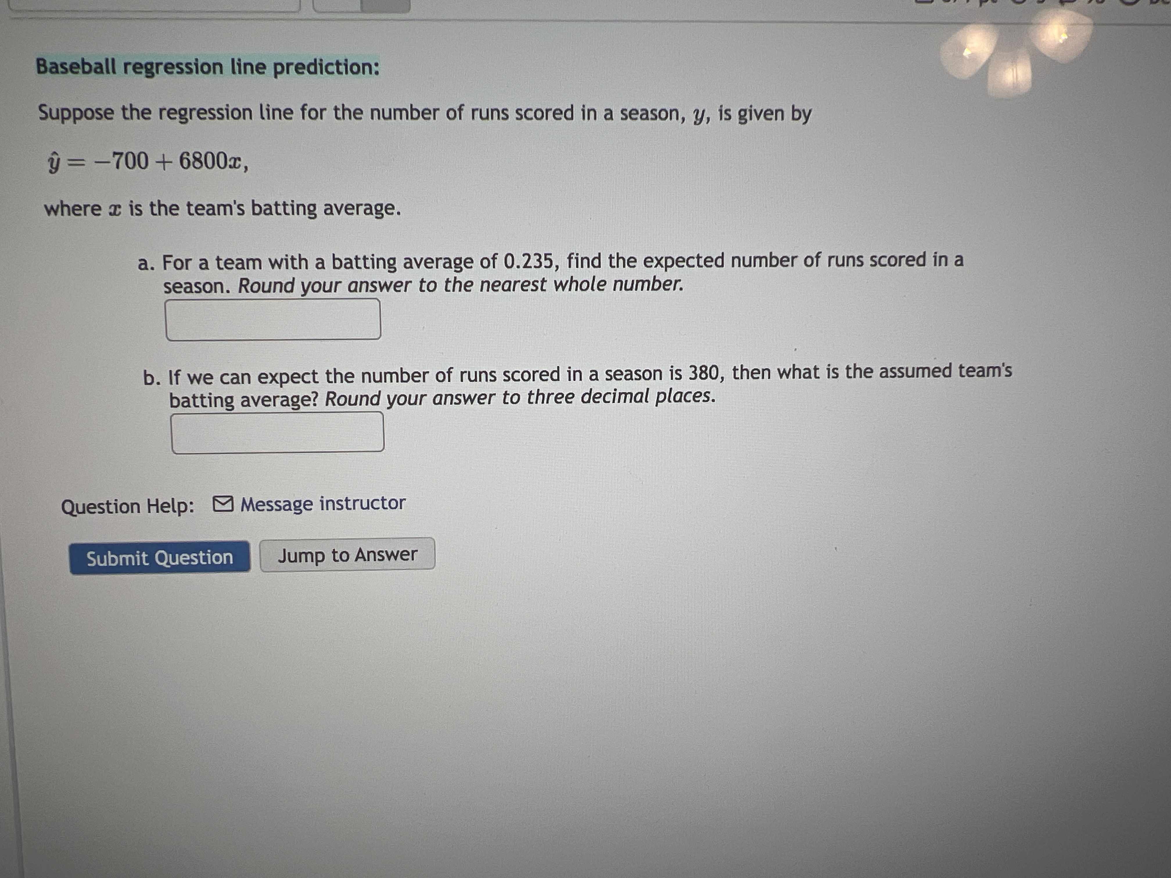 Solved Baseball regression line prediction:Suppose the | Chegg.com