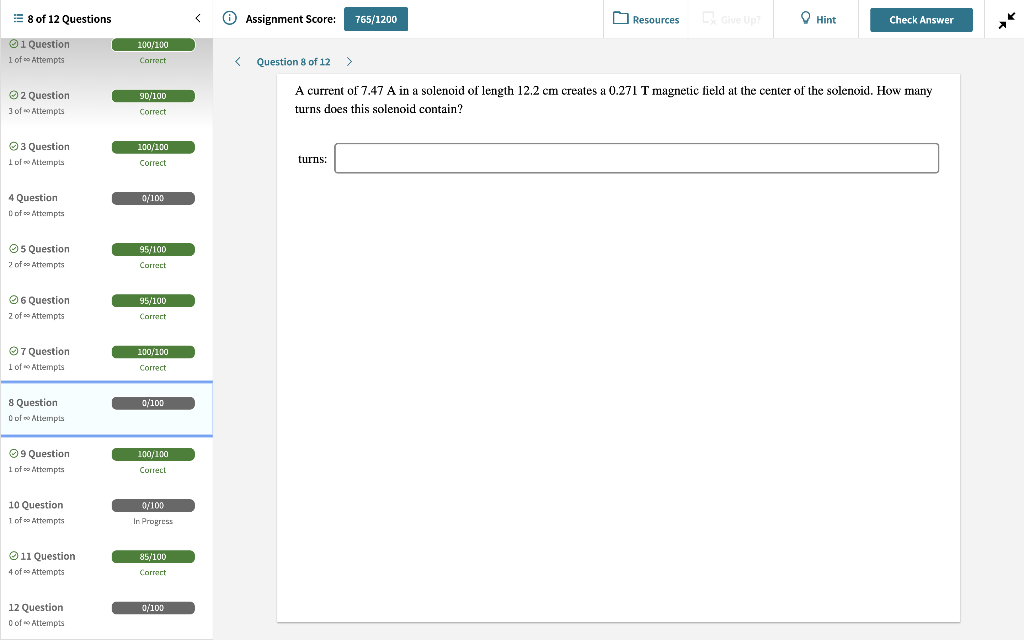 Solved Give Up 8 of 12 Questions Assignment Score: Hint | Chegg.com
