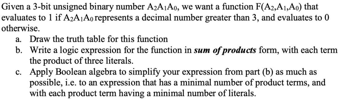 Solved Given A 3 Bit Unsigned Binary Number A2a1a0 We Want 