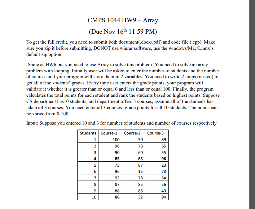 Solved CMPS 1044 HW9 - Array (Due Nov 16th 11:59 PM) To get | Chegg.com