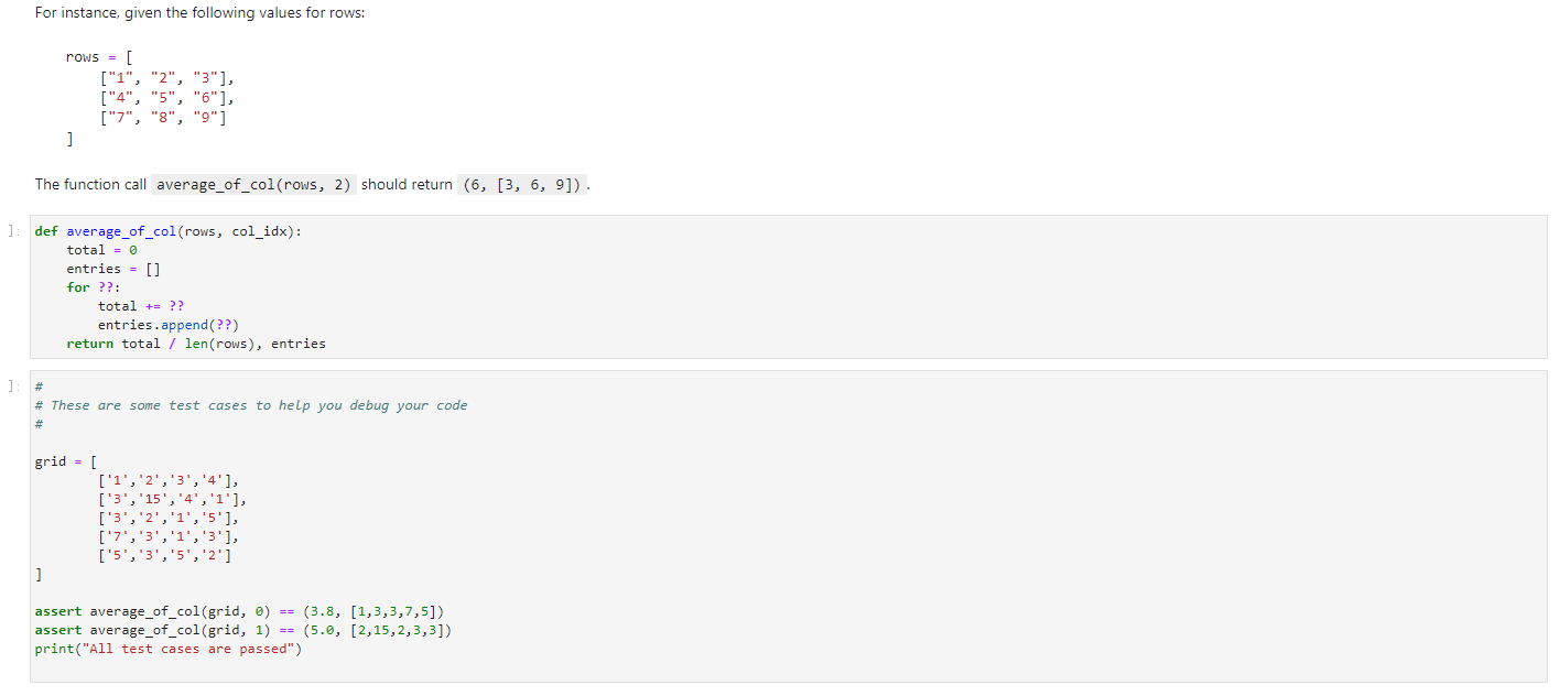Solved verage of Column Make a function that: Takes (1) a | Chegg.com