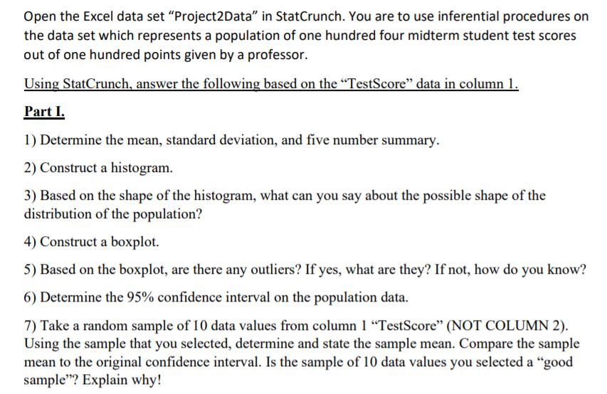 Solved Open the Excel data set "Project2Data" in StatCrunch. | Chegg.com