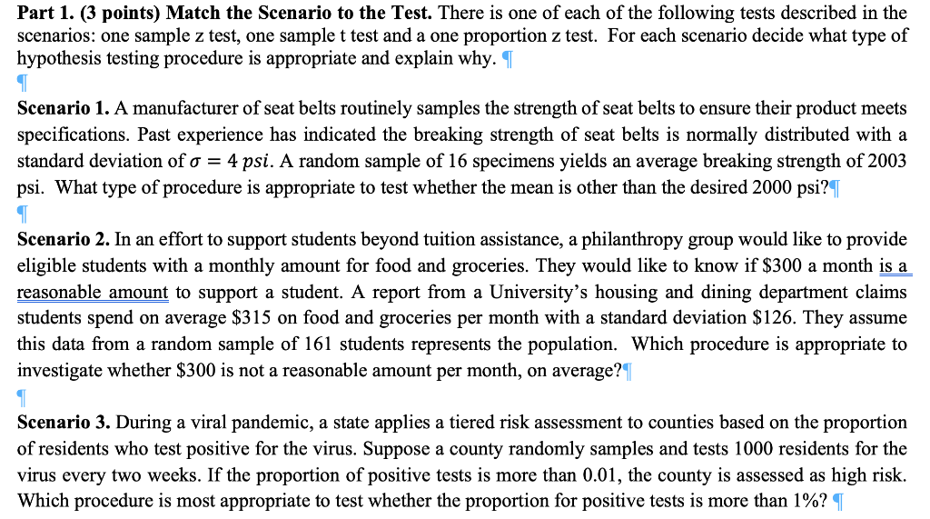 Solved Part 1. (3 points) Match the Scenario to the Test. | Chegg.com