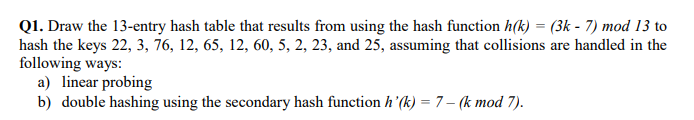 Q1. Draw the 13-entry hash table that results from | Chegg.com