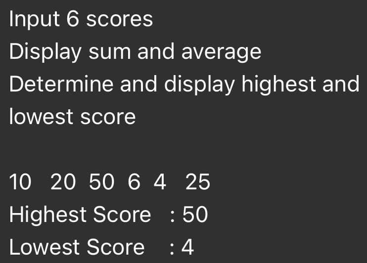 Solved Input 6 scores Display sum and average Determine and | Chegg.com