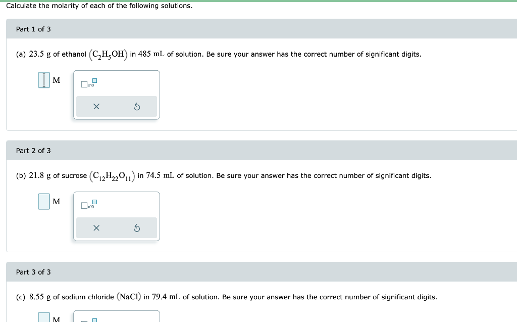 Solved Calculate the molarity of each of the following | Chegg.com