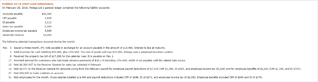 Solved Problem 10-1A (Part Level Submission) On February 28, | Chegg.com