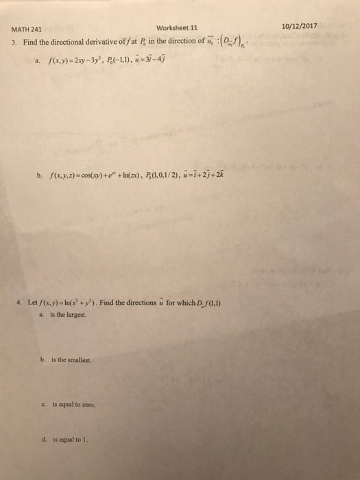 Solved MATH 241 Worksheet 11 10/12/2017 1. Find derivative | Chegg.com