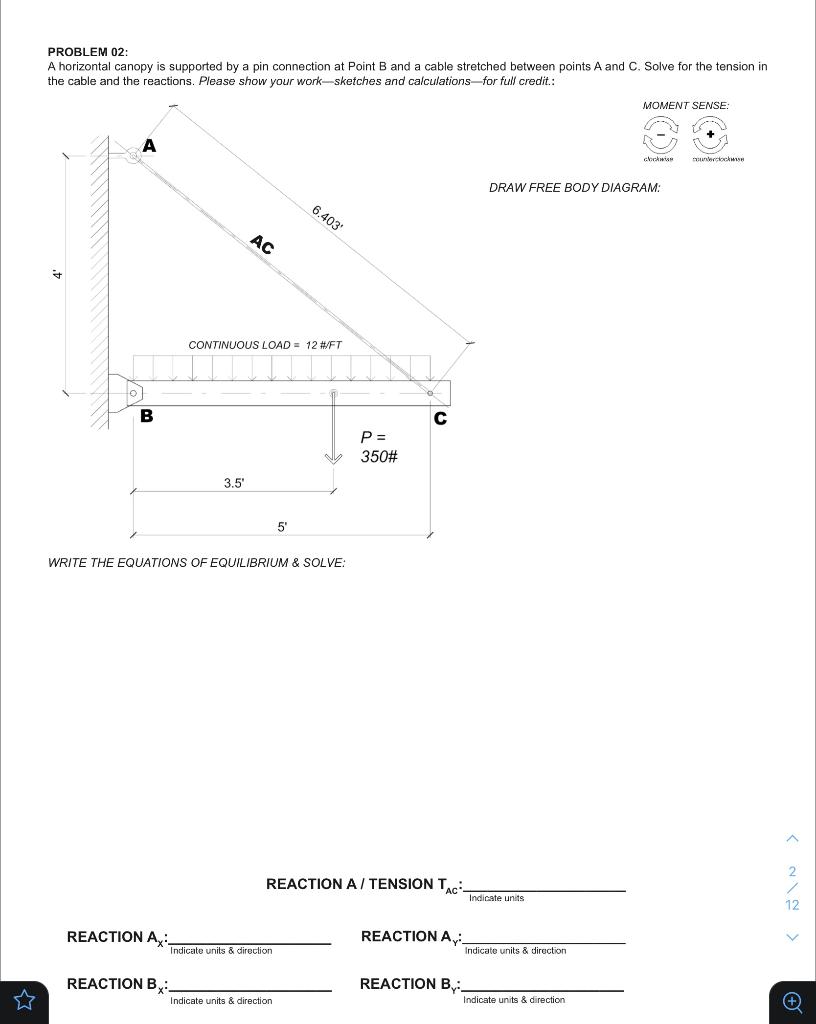 Solved PROBLEM 02: A horizontal canopy is supported by a pin | Chegg.com