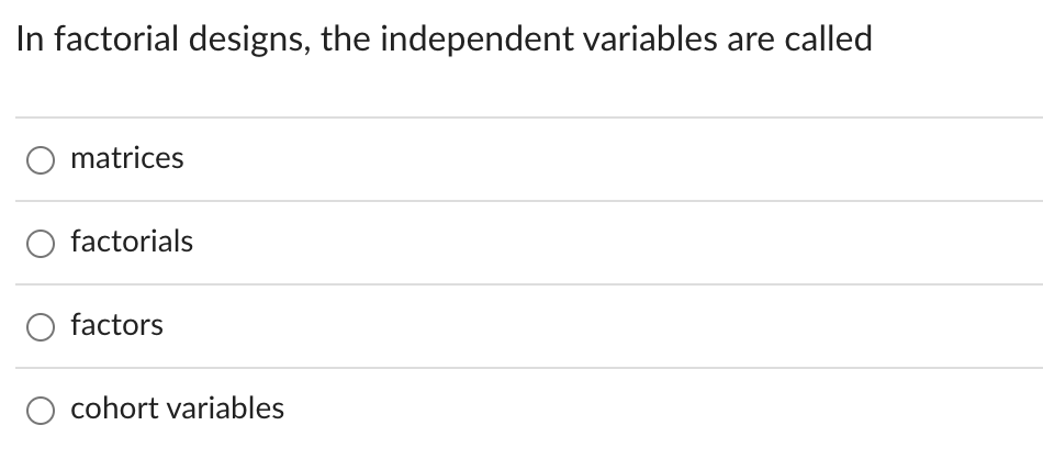 Solved In factorial designs, the independent variables are | Chegg.com