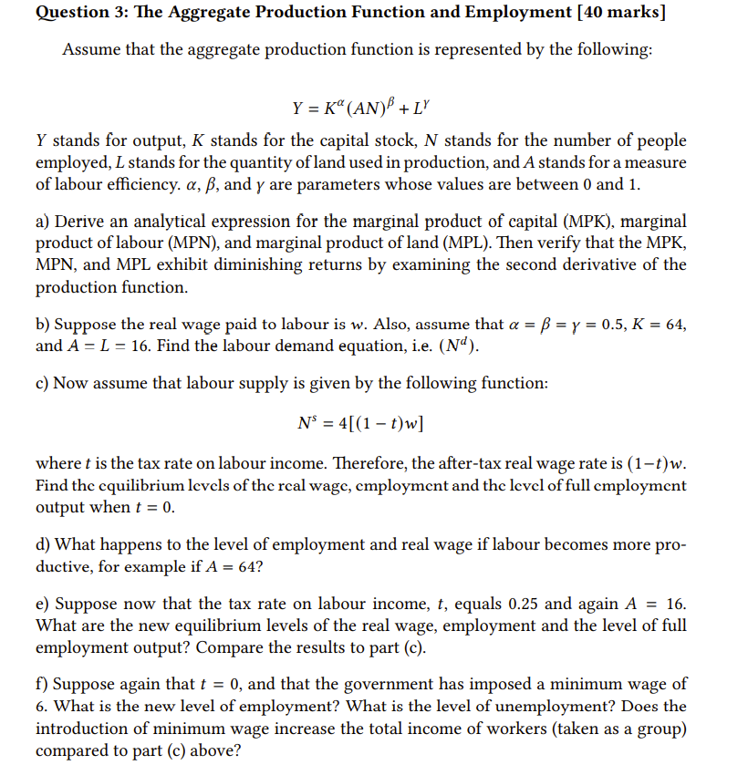 Solved Question 3 The Aggregate Production Function And