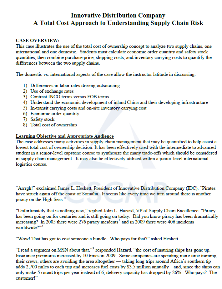 Solved Innovative Distribution Companv A Total Cost Approach | Chegg.com