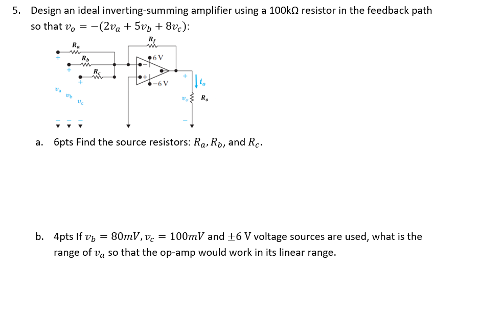 Solved 5. Design an ideal inverting-summing amplifier using | Chegg.com