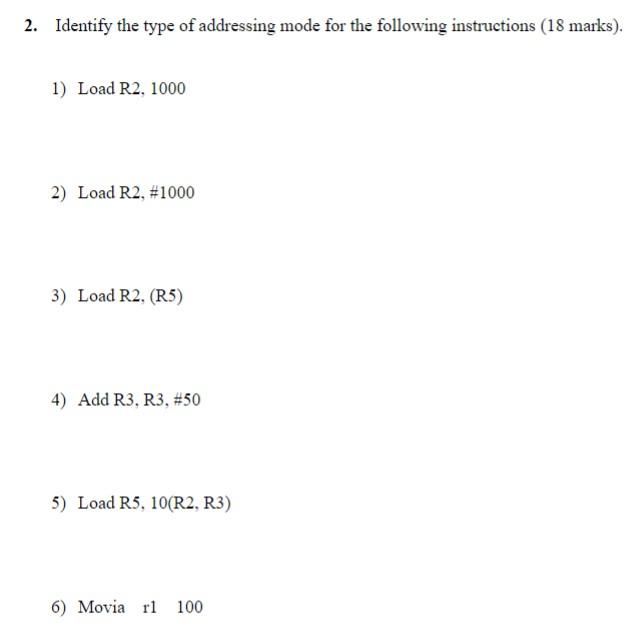 Solved 2. Identify the type of addressing mode for the | Chegg.com