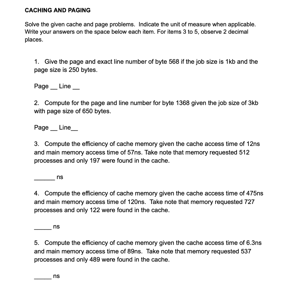 Solved CACHING AND PAGING Solve the given cache and page | Chegg.com