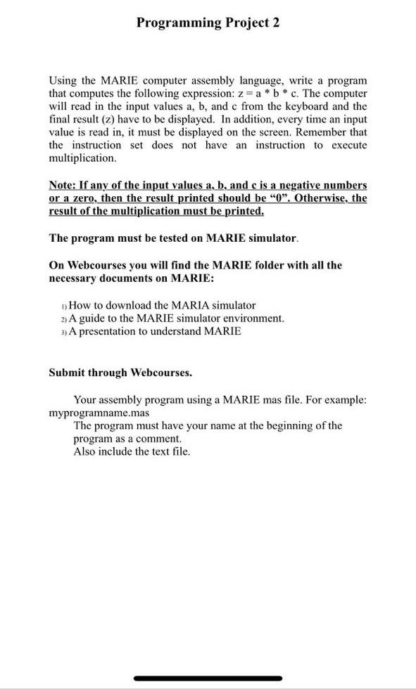 Solved Programming Project 2 Using the MARIE computer | Chegg.com