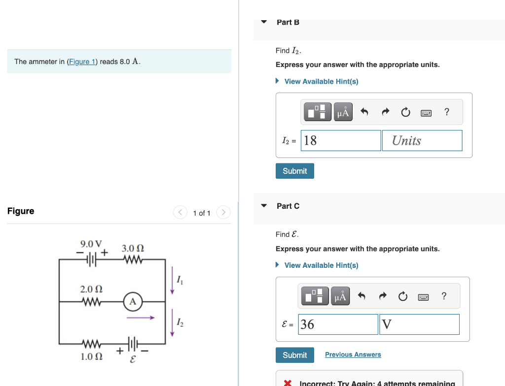 Solved The ammeter in (Figure 1) reads 8.0 A. Find I1. | Chegg.com