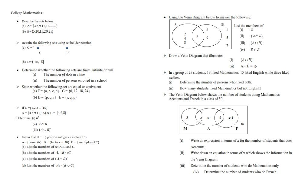 Solved College Mathematics Describe the sets below. (a) A- | Chegg.com