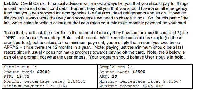 Solved Lab3A: Credit Cards. Financial advisors will almost | Chegg.com