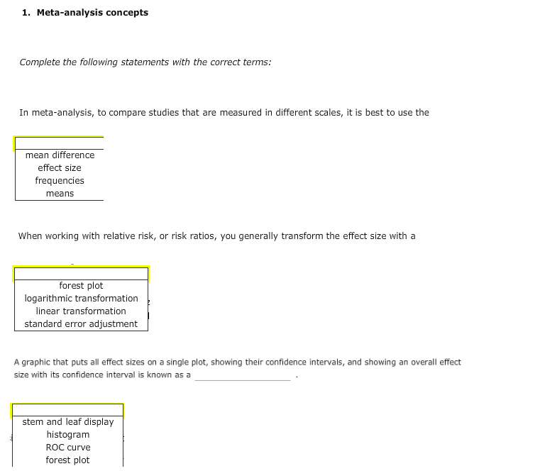 Solved 1. Meta-analysis concepts Complete the following | Chegg.com