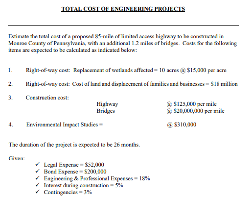 Solved TOTAL COST OF ENGINEERING PROJECTS Estimate the total | Chegg.com
