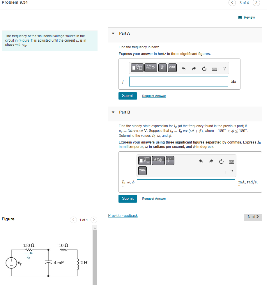 Solved The frequency of the sinusoidal voltage source in the | Chegg.com