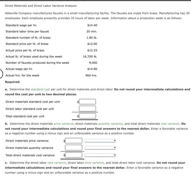 Solved Direct Materials and Direct Labor Variance Analysis | Chegg.com