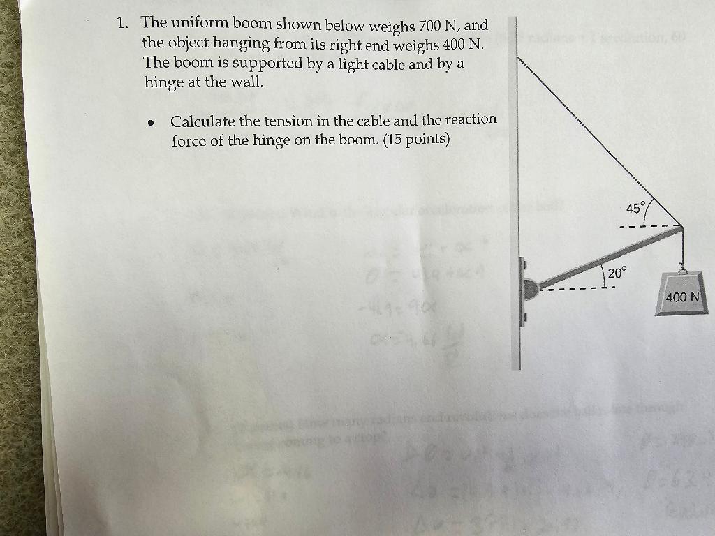 Solved 1. The uniform boom shown below weighs 700 N, and the | Chegg.com
