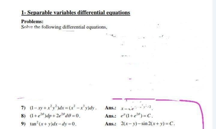 Solved 1- Separable variables differential equations | Chegg.com