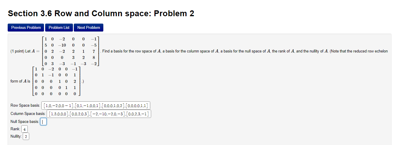 Solved Section 3.6 Row and Column space: Problem 2 Previous | Chegg.com