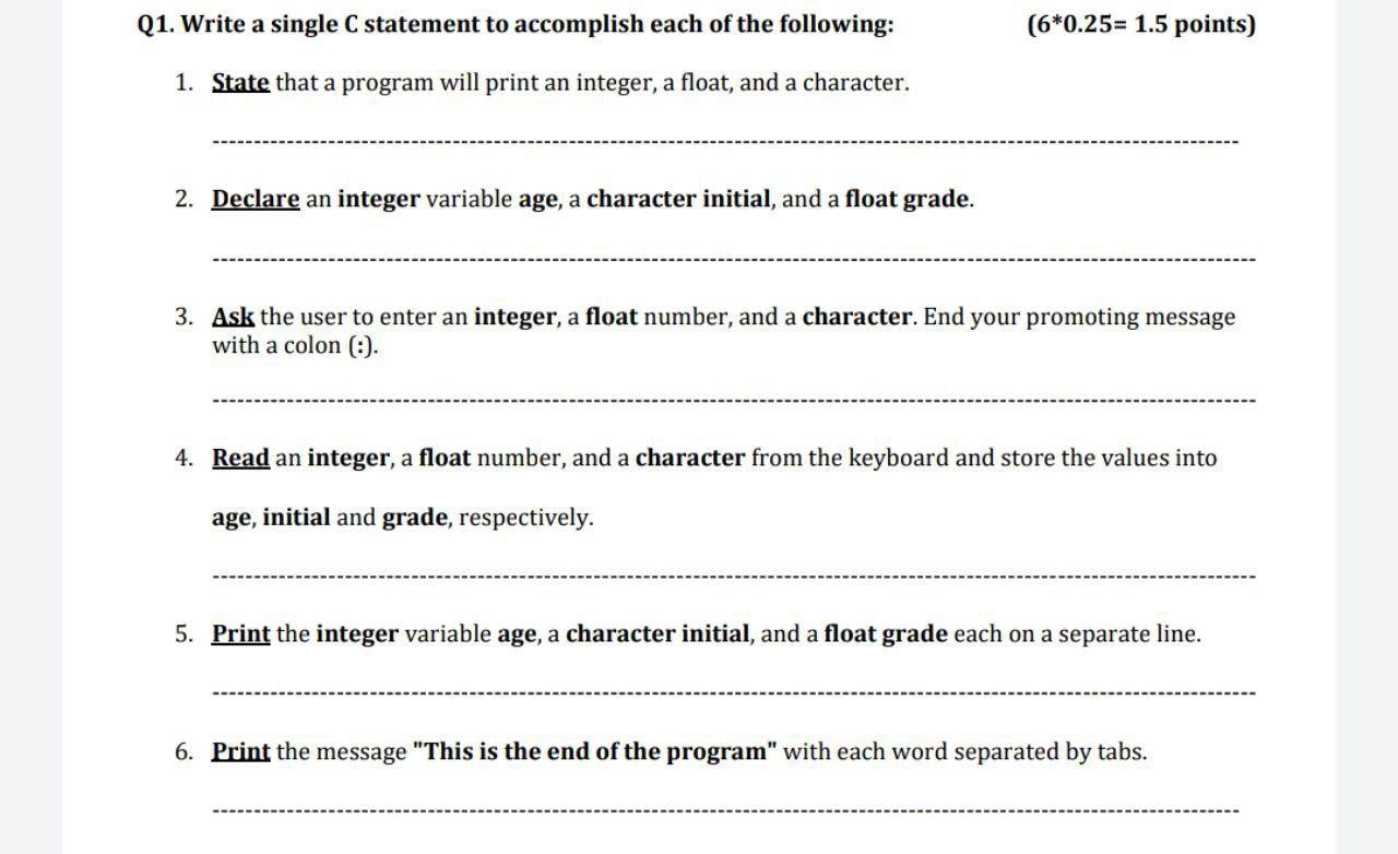Solved Q1. Write a single C statement to accomplish each of | Chegg.com