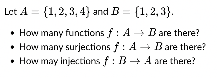 Solved Let A={1,2,3,4} and B={1,2,3}. - How many functions | Chegg.com