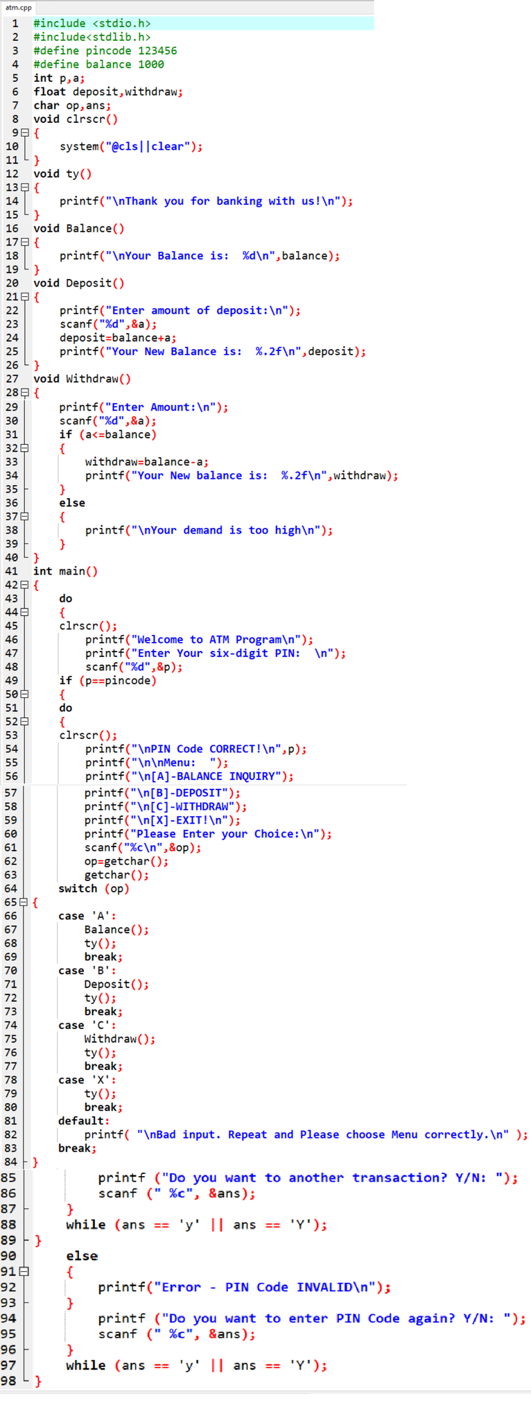 Solved atm.cpp 1 #include 2 #include 3 #define pincode | Chegg.com