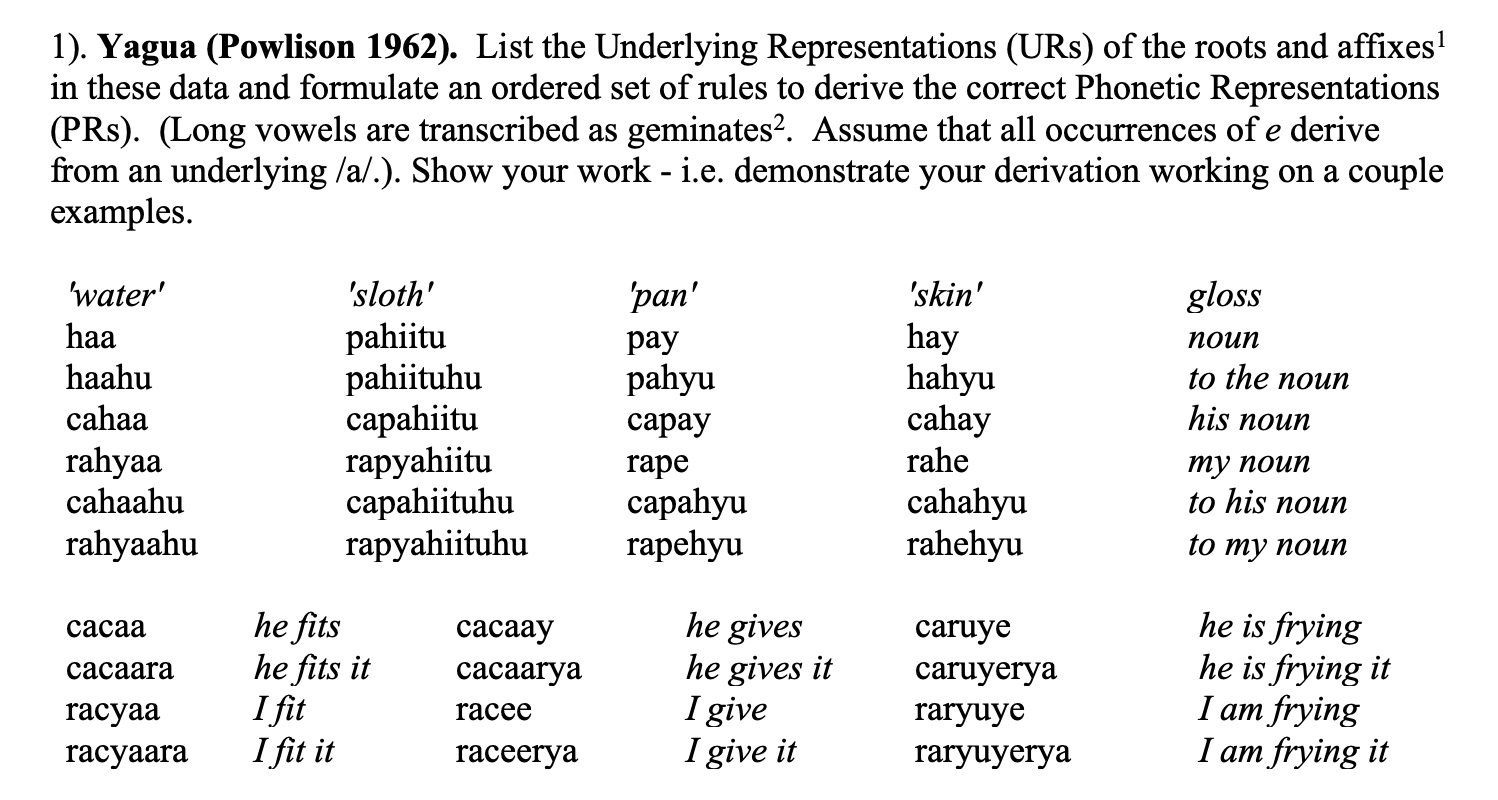 1). Yagua (Powlison 1962). List the Underlying | Chegg.com