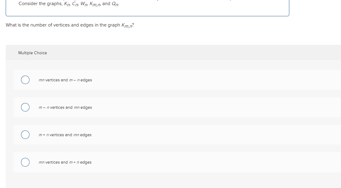 Solved discrete mathConsider the graphs, Kn,Cn,Wn,Km,n, ﻿and | Chegg.com