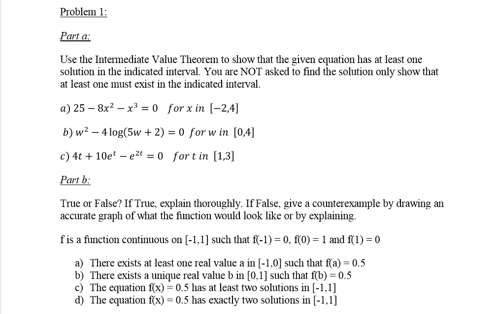 Solved Problem 1: Part a Use the Intermediate Value Theorem | Chegg.com