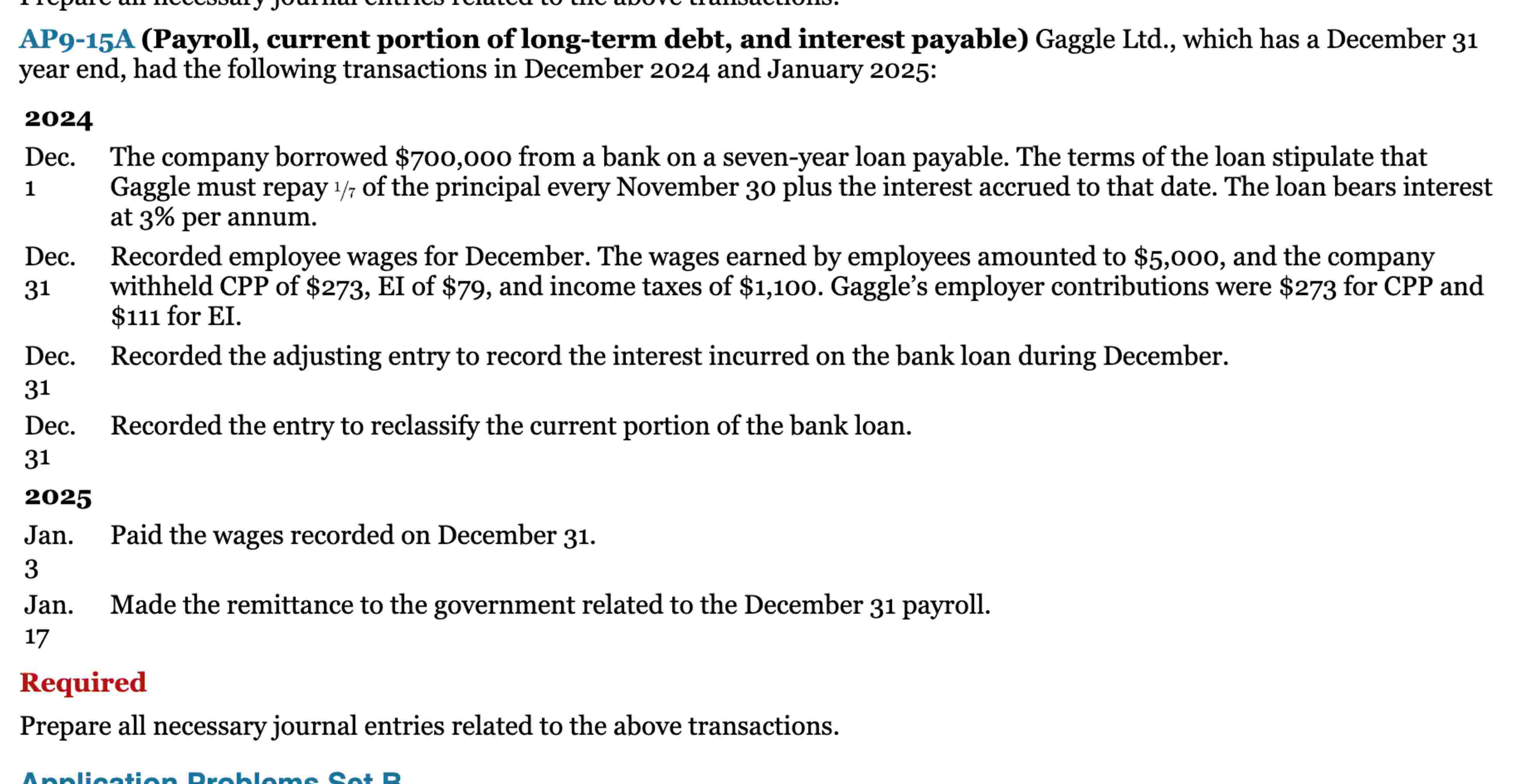 Solved AP9-15A (Payroll, ﻿current portion of long-term debt, | Chegg.com
