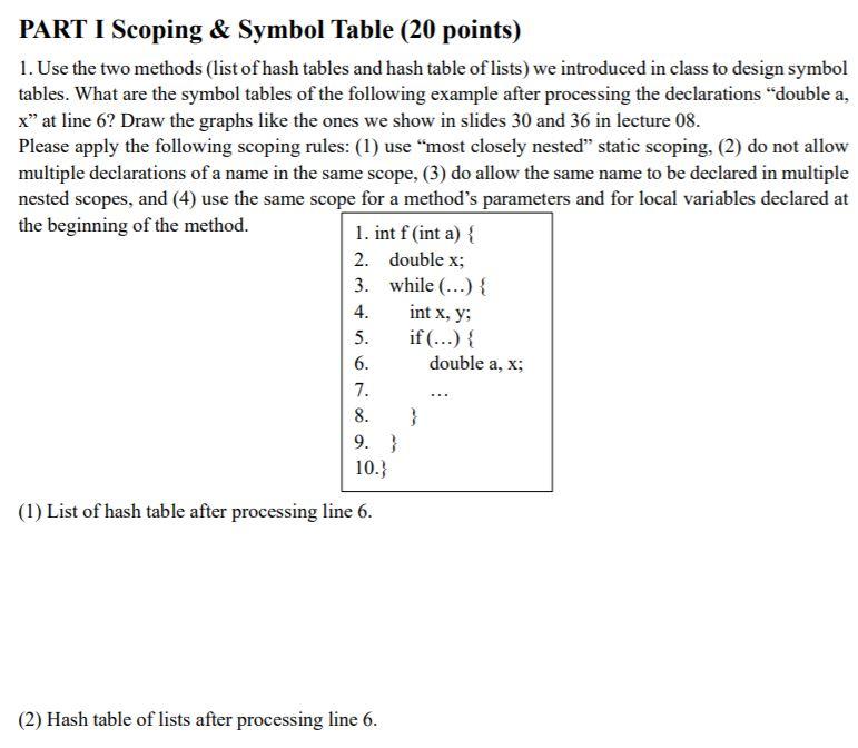 PART I Scoping & Symbol Table (20 points) 1. Use the | Chegg.com
