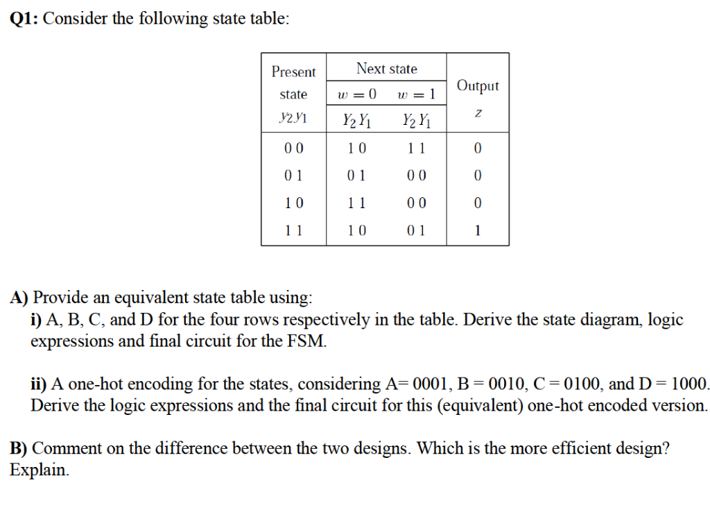 Solved Q1: Consider the following state table: Present Next | Chegg.com