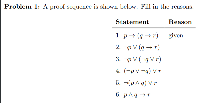 Solved Problem 1: A proof sequence is shown below. Fill in | Chegg.com