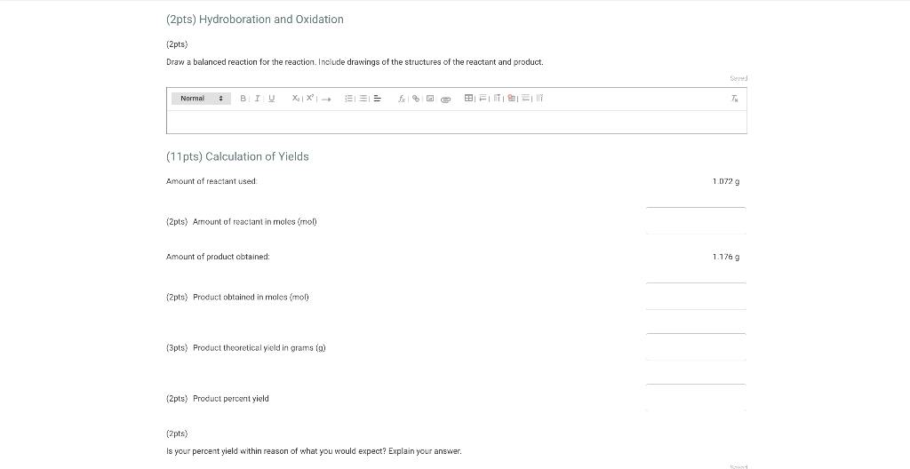 Solved (2pts) Hydroboration and Oxidation (2pts) Draw a | Chegg.com