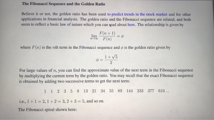 Solved The Fibonacci Sequence and the Golden Ratio Believe | Chegg.com