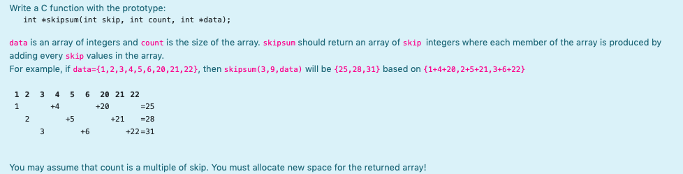 Solved Write a C function with the prototype: int *skipsum( | Chegg.com