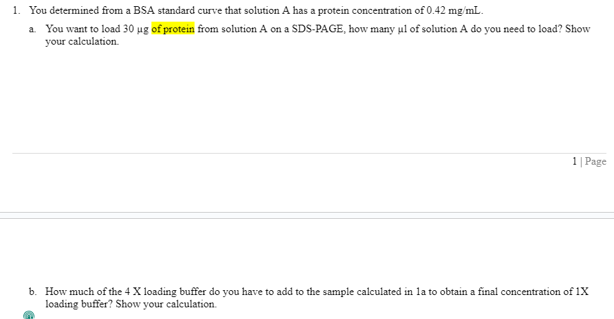 Solved 1. ﻿You determined from a BSA standard curve that | Chegg.com