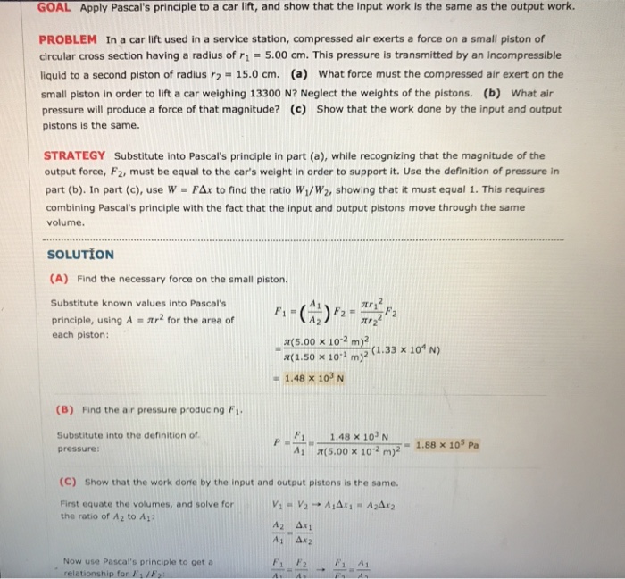 Solved GOAL Apply Pascal's principle to a car lift, and show | Chegg.com