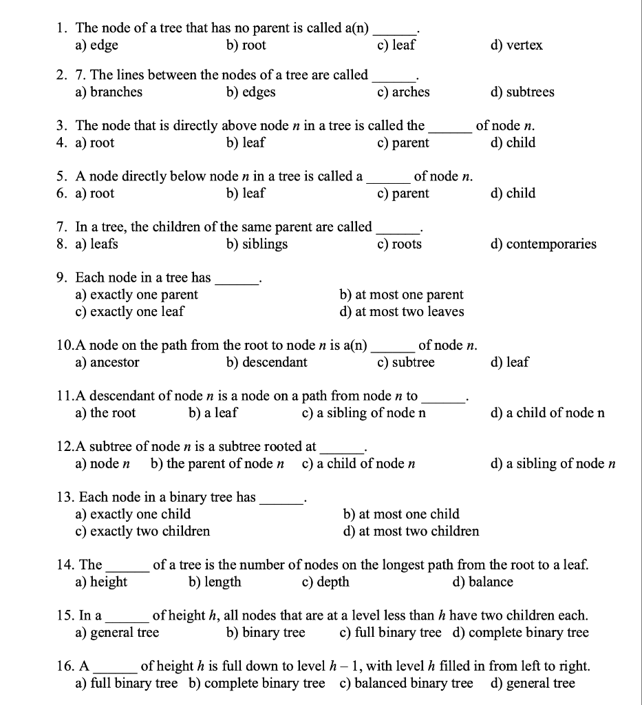 Solved 1. The node of a tree that has no parent is called | Chegg.com