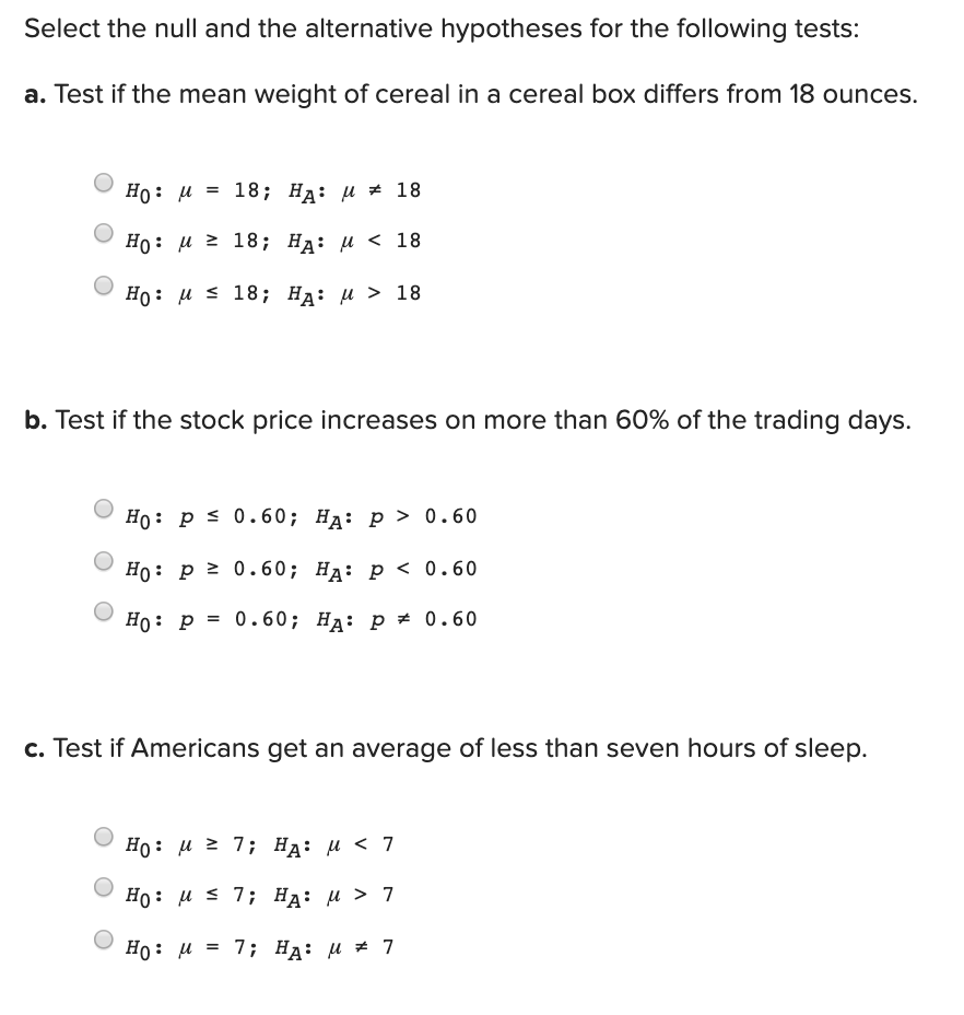 Solved Select the null and the alternative hypotheses for | Chegg.com