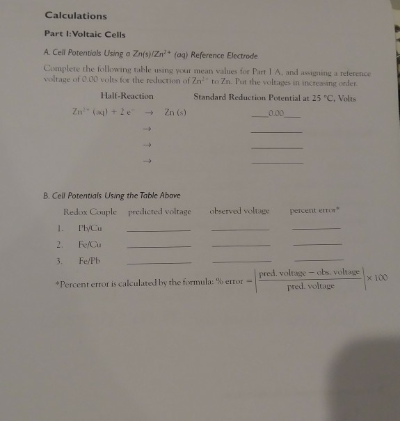 Solved Part I: Voltaic Cells A. Cell Potentials Using a | Chegg.com