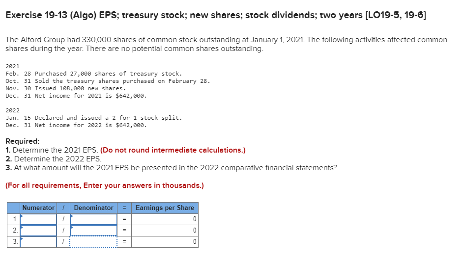 Solved Exercise 19-13 (Algo) EPS; treasury stock; new | Chegg.com